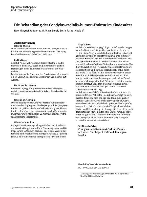 (PDF) Die Behandlung der Condylus-radialis-humeri-Fraktur im Kindesalter