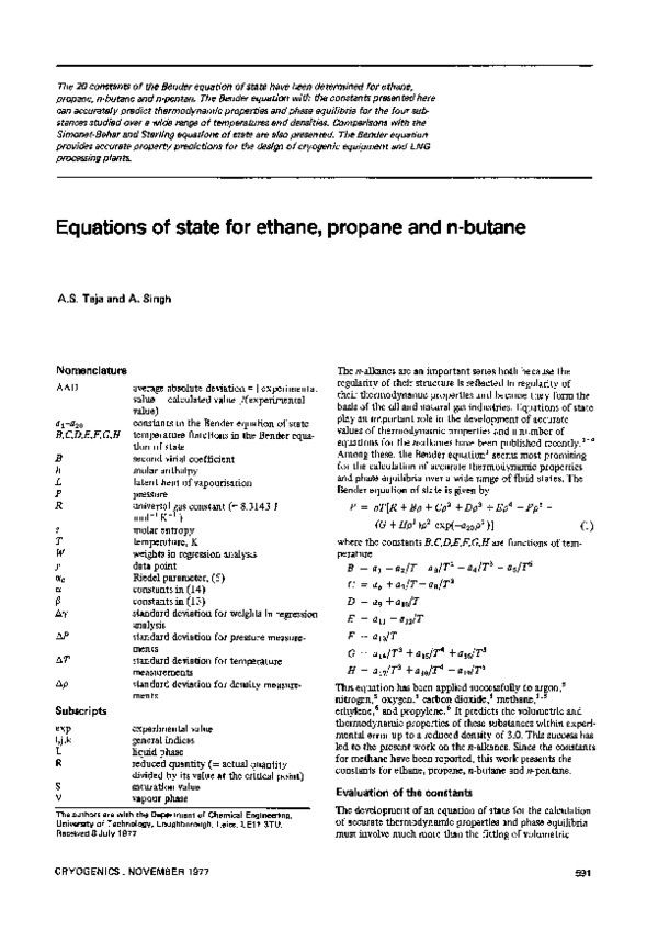 (PDF) Equations of state for ethane, propane and n-butane