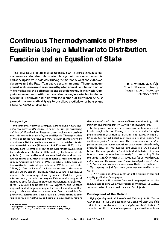 (PDF) Continuous thermodynamics of phase equilibria using a multivariate distribution function ...