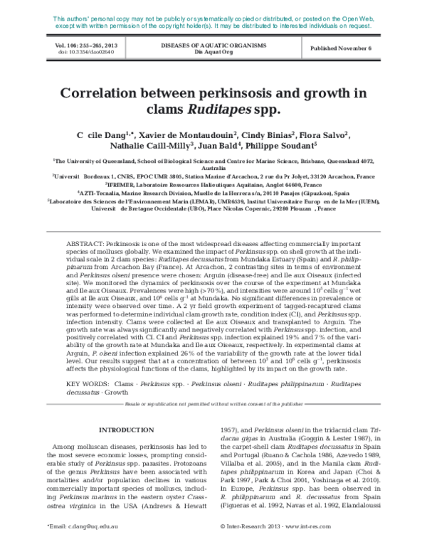 (PDF) Correlation between perkinsosis and growth in clams Ruditapes spp