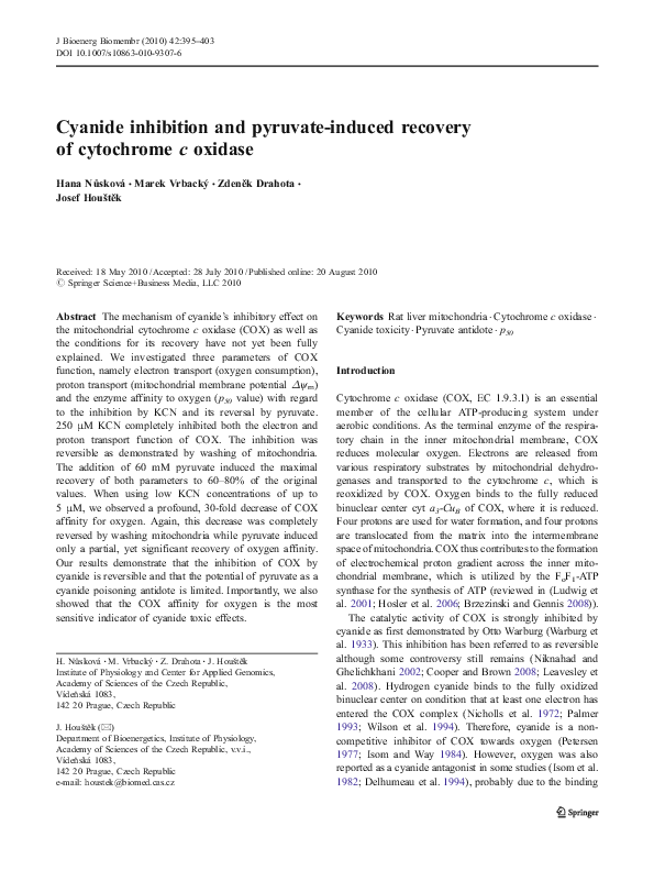 (PDF) Cyanide inhibition and pyruvate-induced recovery of cytochrome c ...