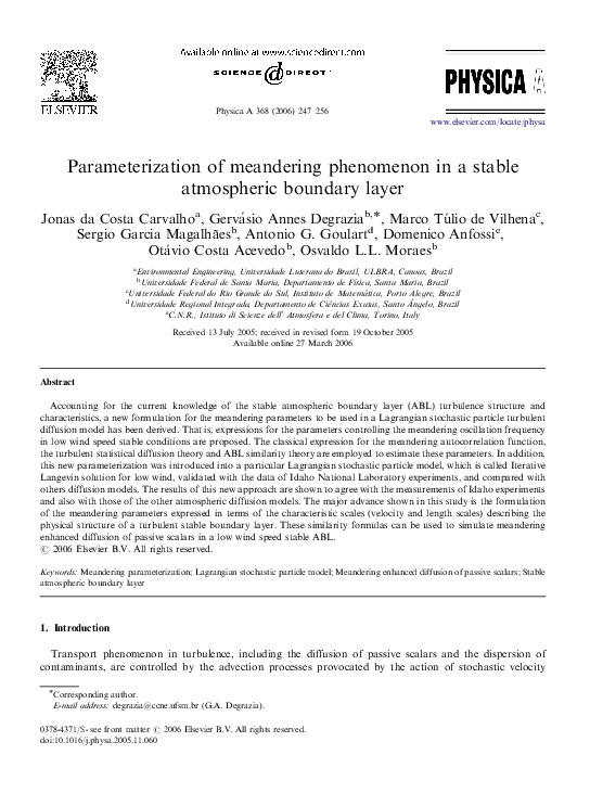 (PDF) Parameterization of meandering phenomenon in a stable atmospheric boundary layer