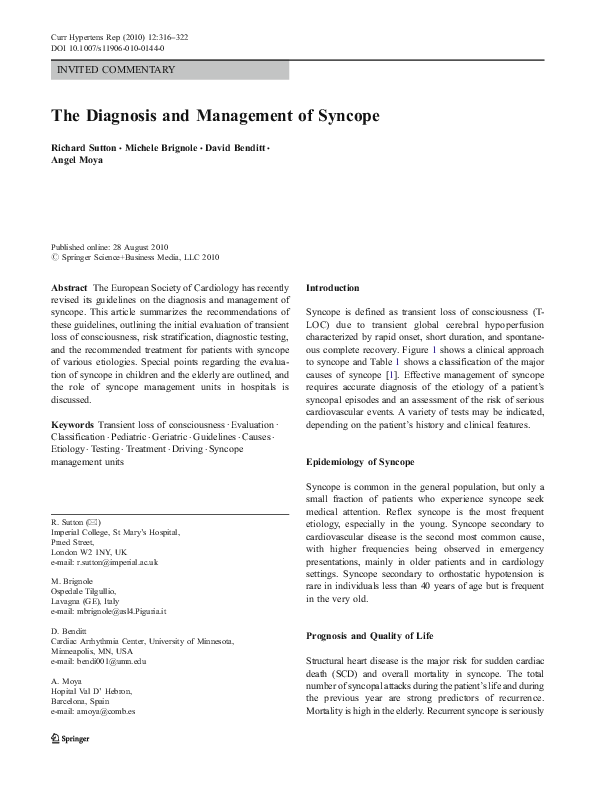 (PDF) The Diagnosis and Management of Syncope
