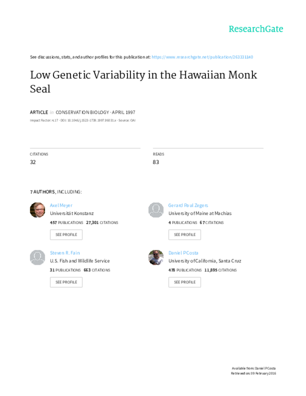 (PDF) Low Genetic Variability in the Hawaiian Monk Seal. Baja ...