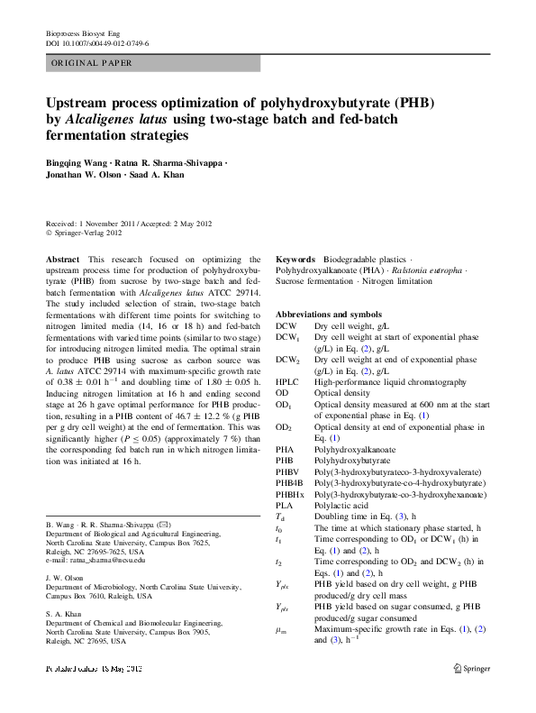 (PDF) Upstream process optimization of polyhydroxybutyrate (PHB) by Alcaligenes latus using two ...