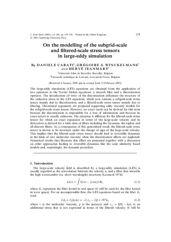Pdf On The Modelling Of The Subgrid Scale And Filtered Scale Stress Tensors In Large Eddy