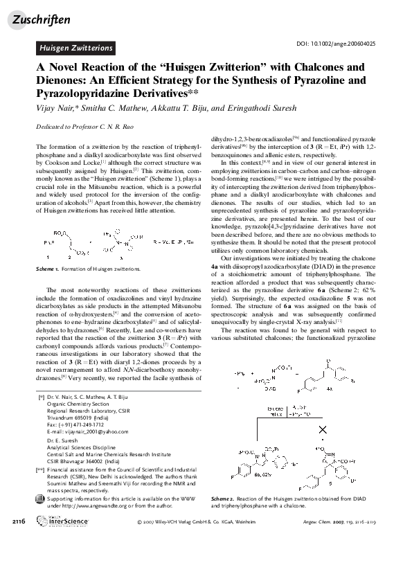 (PDF) A Novel Reaction of the “Huisgen Zwitterion” with Chalcones and Dienones: An Efficient ...
