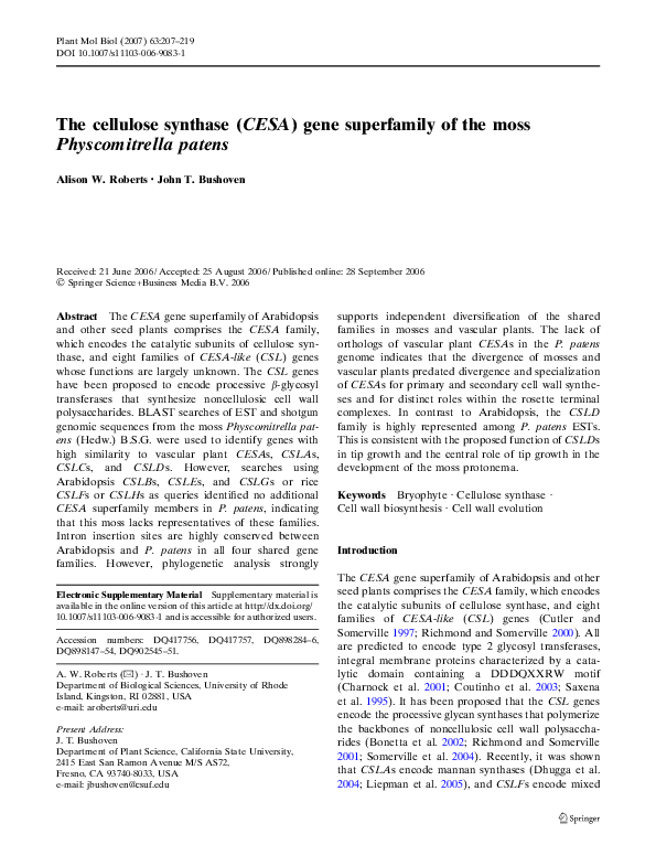 (PDF) The cellulose synthase (CESA) gene superfamily of the moss Physcomitrella patens