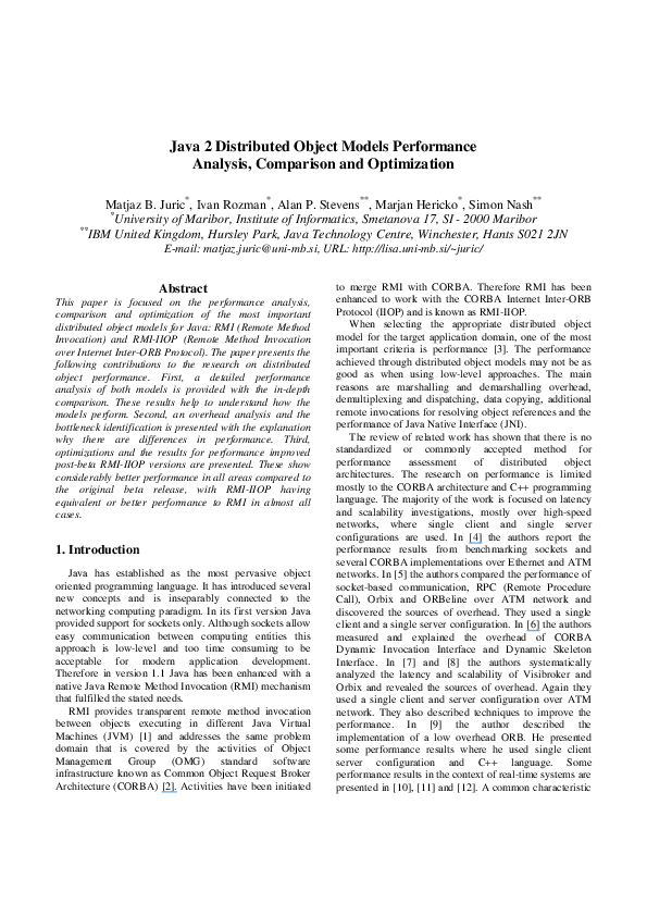 Pdf Java 2 Distributed Object Models Performance Analysis Comparison And Optimization Ivan