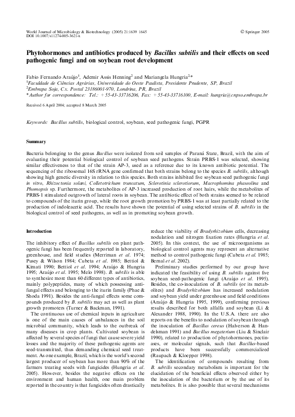 (PDF) Phytohormones and Antibiotics Produced by Bacillus subtilis and ...