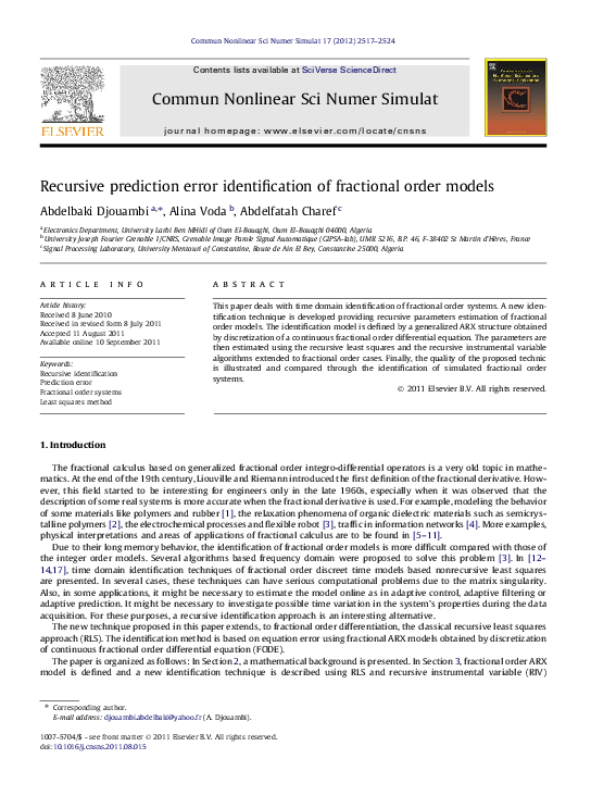 Pdf Recursive Prediction Error Identification Of Fractional Order Models