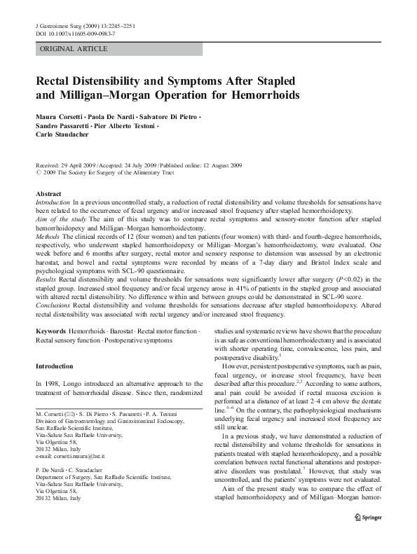 (PDF) Rectal Distensibility and Symptoms After Stapled and Milligan ...