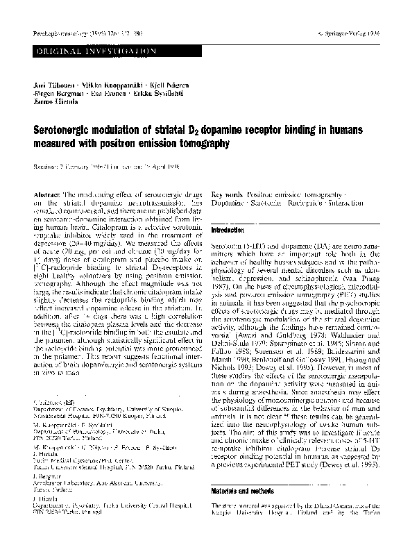 (PDF) Serotonergic modulation of striatal D2 dopamine receptor binding in humans measured with ...