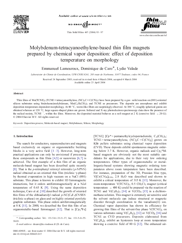 (PDF) Molybdenum-tetracyanoethylene-based thin film magnets prepared by ...