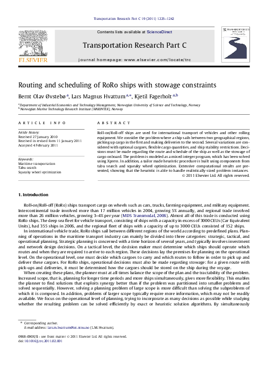 (PDF) Routing and scheduling of RoRo ships with stowage constraints