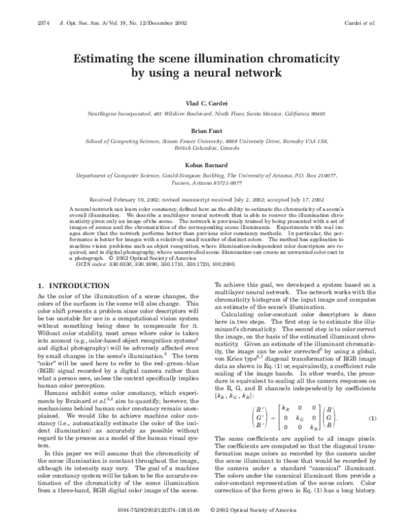 (PDF) Estimating the scene illumination chromaticity by using a neural network