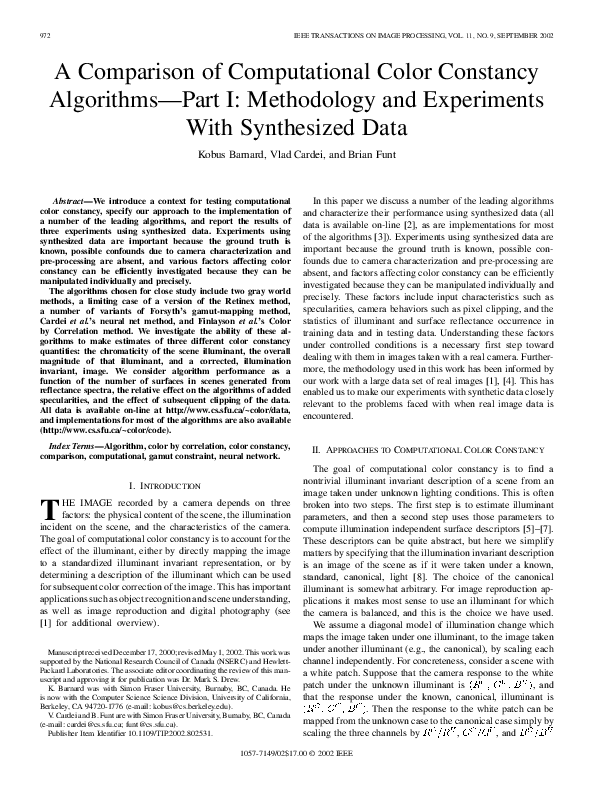 Pdf A Comparison Of Computational Color Constancy Algorithms Part I Methodology And