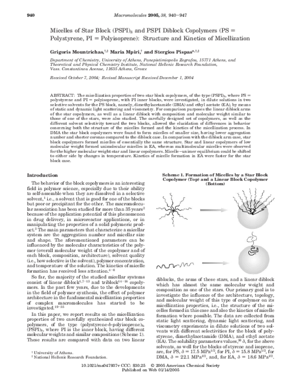 (PDF) Micelles of Star Block (PSPI) 8 and PSPI Diblock Copolymers (PS ...