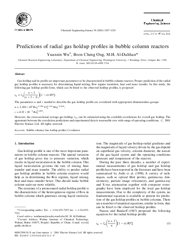 (PDF) Predictions of radial gas holdup profiles in bubble column reactors