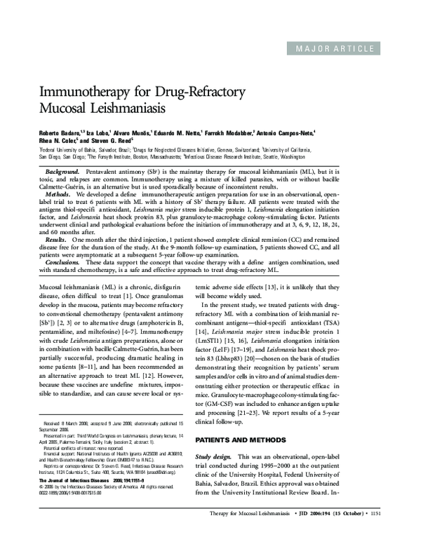 (PDF) Immunotherapy for Drug‐Refractory Mucosal Leishmaniasis