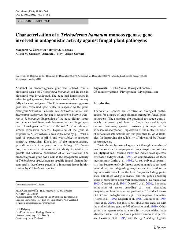 (PDF) Characterisation of a Trichoderma hamatum monooxygenase gene involved in antagonistic ...