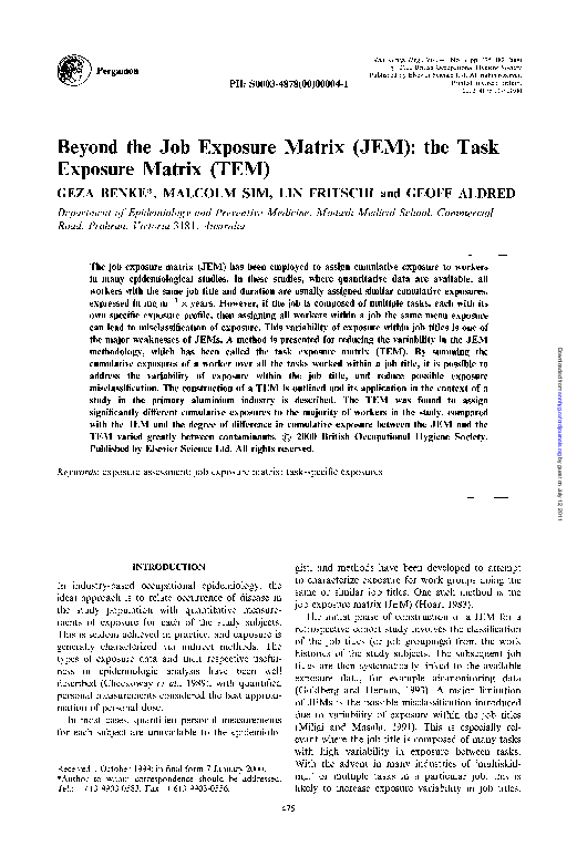 (PDF) Beyond the Job Exposure Matrix (JEM): the Task Exposure Matrix (TEM)