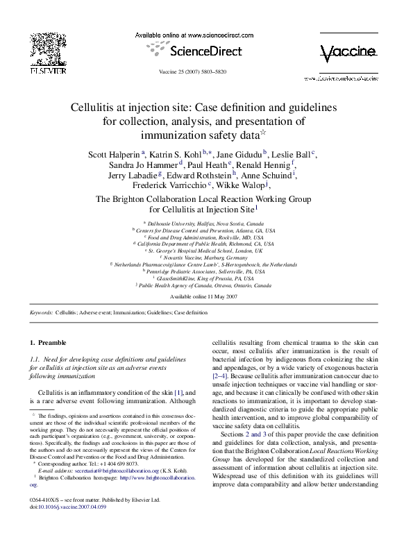 (PDF) Cellulitis at injection site: Case definition and guidelines for ...