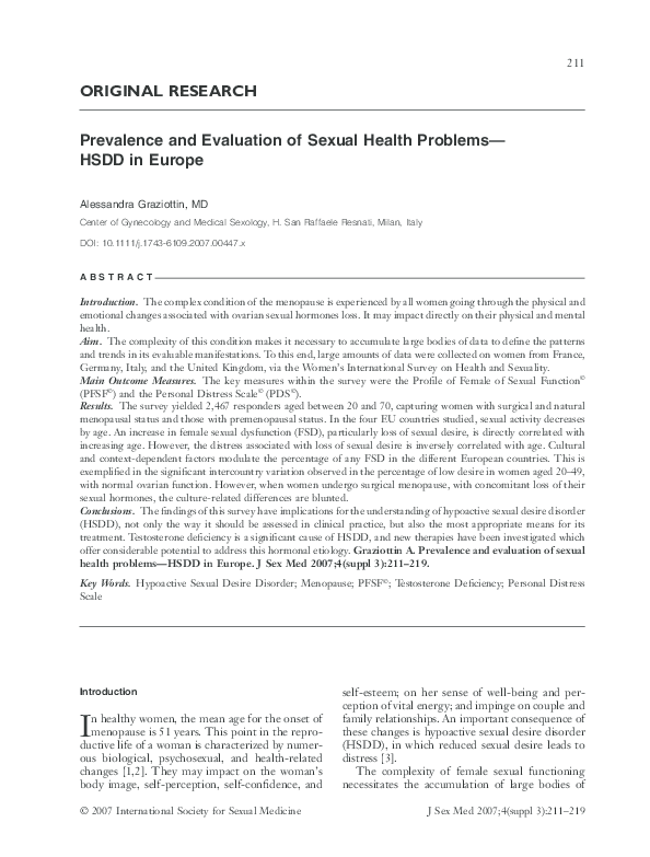 (PDF) Prevalence and Evaluation of Sexual Health Problems?HSDD in Europe