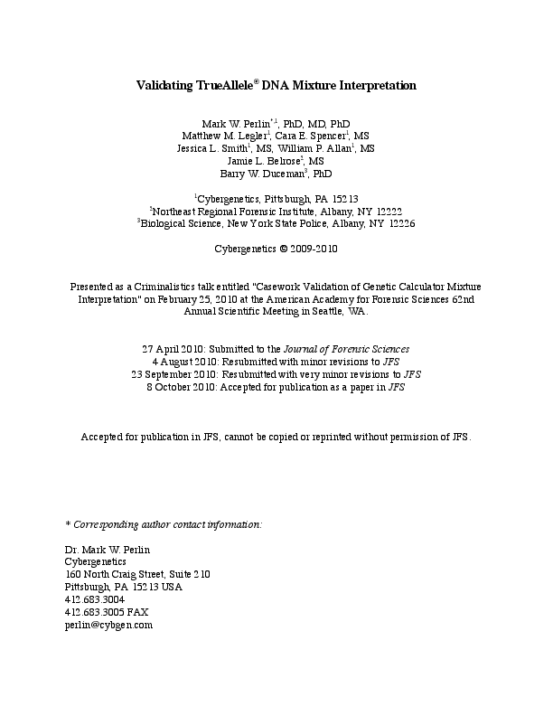 Pdf Validating Trueallele® Dna Mixture Interpretation † William Allan