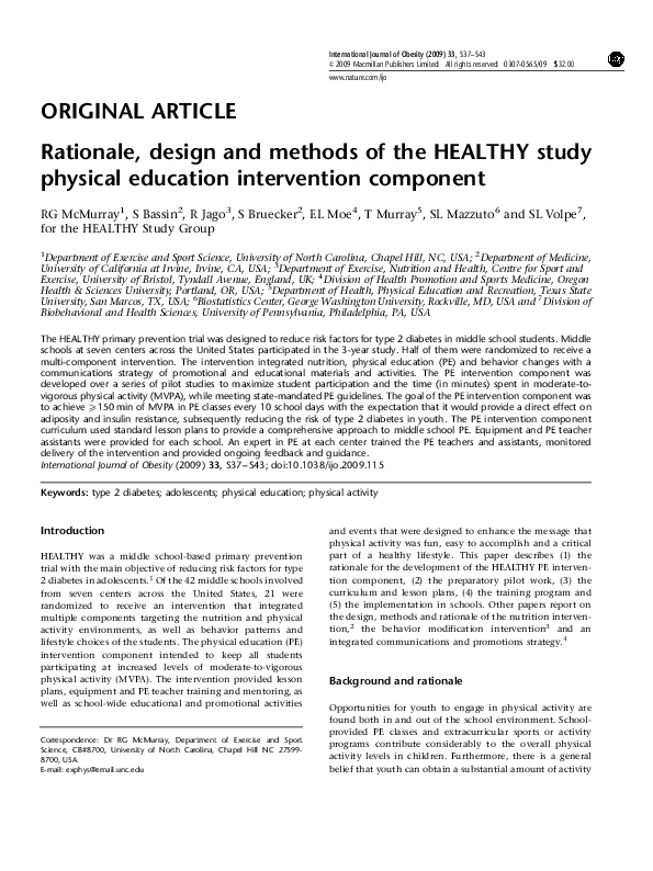 (PDF) Rationale, design and methods of the HEALTHY study physical education intervention component