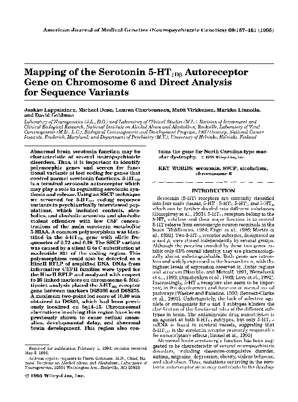 (PDF) Mapping of the serotonin 5-HT1Dβ autoreceptor gene on chromosome ...