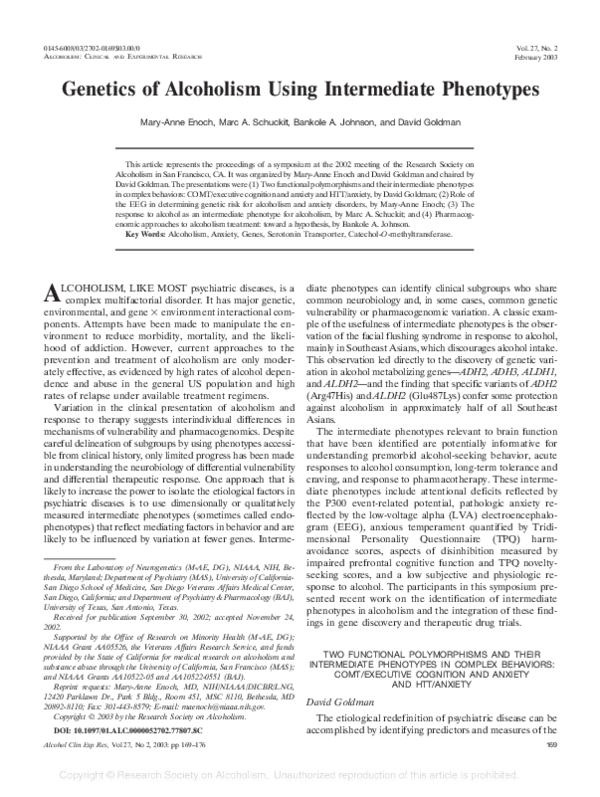 (PDF) Genetics of Alcoholism Using Intermediate Phenotypes