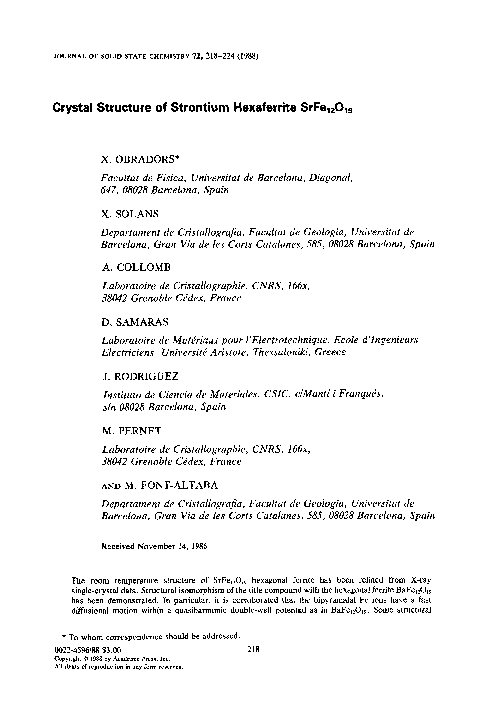 (PDF) Crystal structure of strontium hexaferrite SrFe12O19