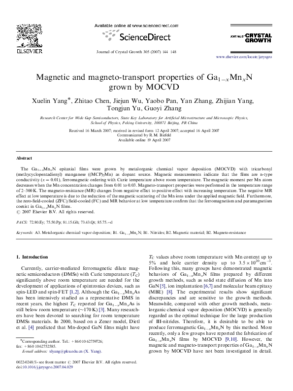 (PDF) Magnetic and magneto-transport properties of Ga1−xMnxN grown by MOCVD