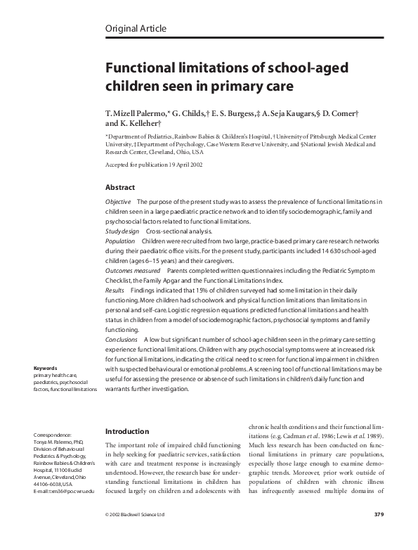 (PDF) Functional limitations of school-aged children seen in primary care