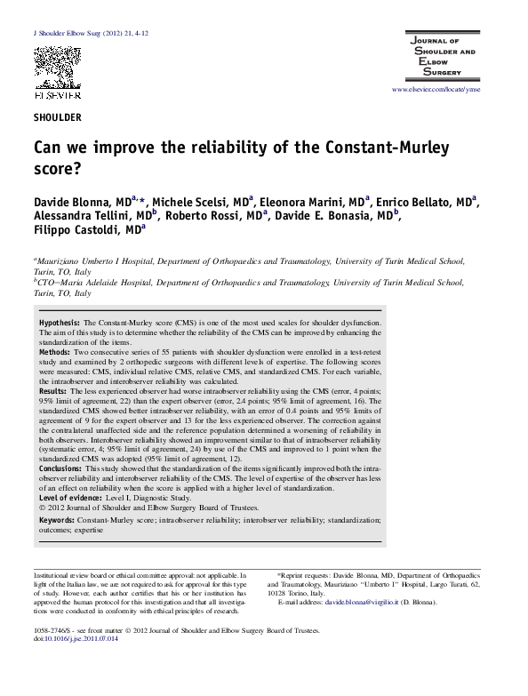 (PDF) Can we improve the reliability of the Constant-Murley score?