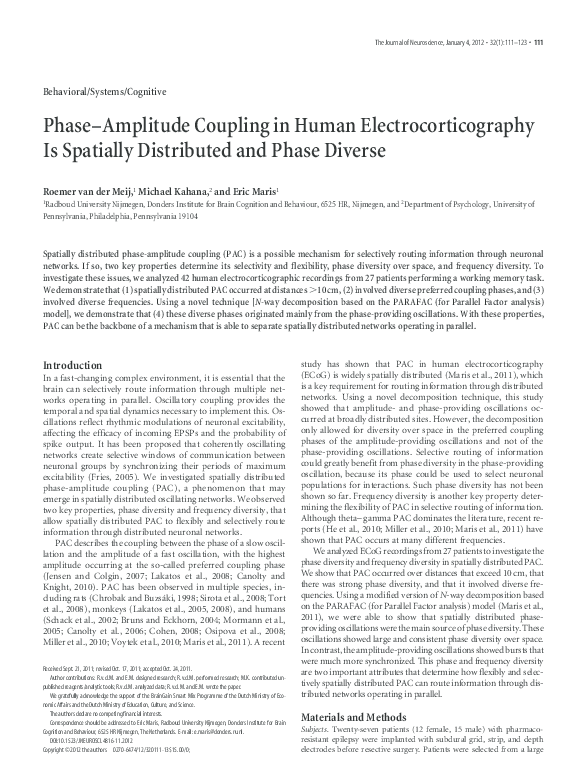 (PDF) Phase-Amplitude Coupling in Human Electrocorticography Is Spatially Distributed and Phase ...