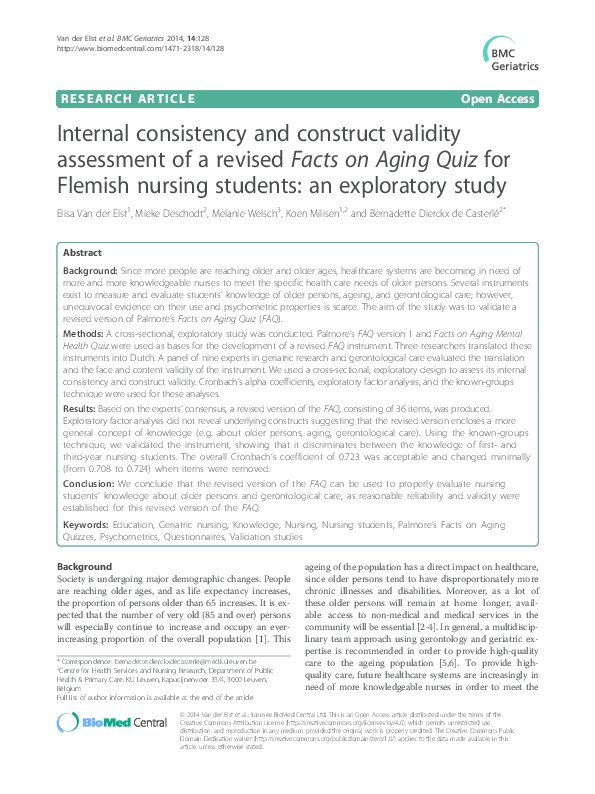 (PDF) Internal consistency and construct validity assessment of a revised Facts on Aging Quiz ...