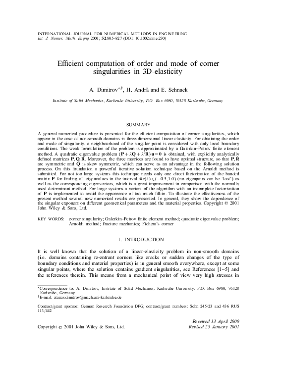 Pdf Efficient Computation Of Order And Mode Of Corner Singularities In 3d‐elasticity