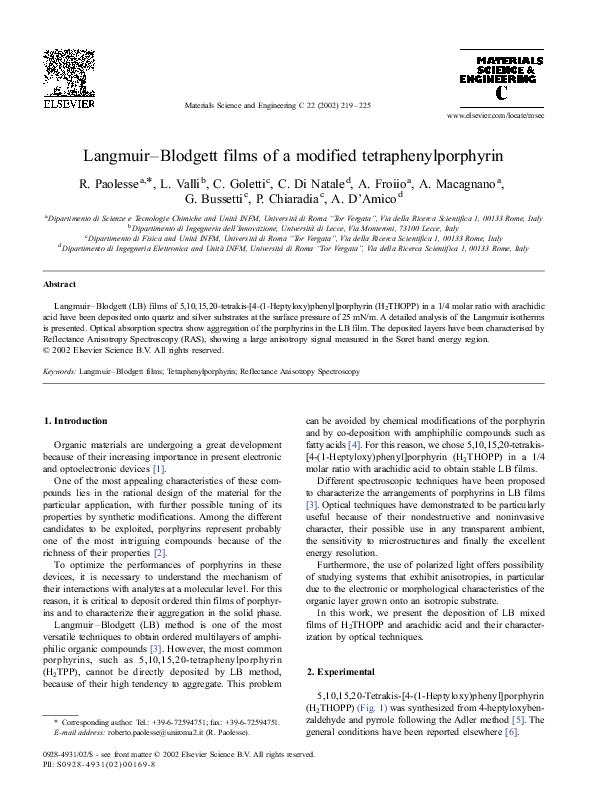 (PDF) Langmuir–Blodgett films of a modified tetraphenylporphyrin