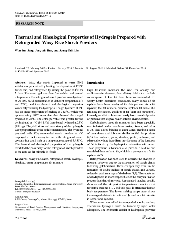 (PDF) Thermal and rheological properties of hydrogels prepared with retrograded waxy rice starch ...
