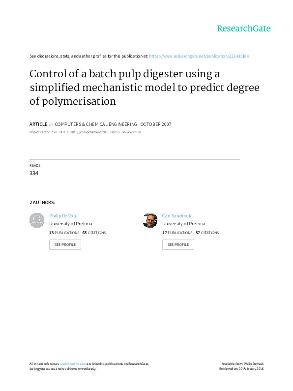 (PDF) Control of a batch pulp digester using a simplified mechanistic model to predict degree of ...