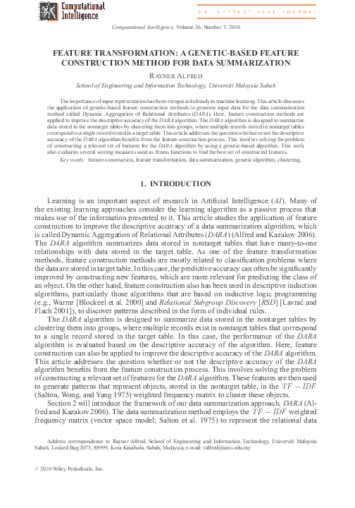 (PDF) Feature Transformation: A Genetic-Based Feature Construction Method for Data Summarization