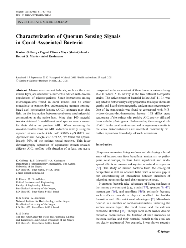 (PDF) Characterization of Quorum Sensing Signals in Coral-Associated Bacteria