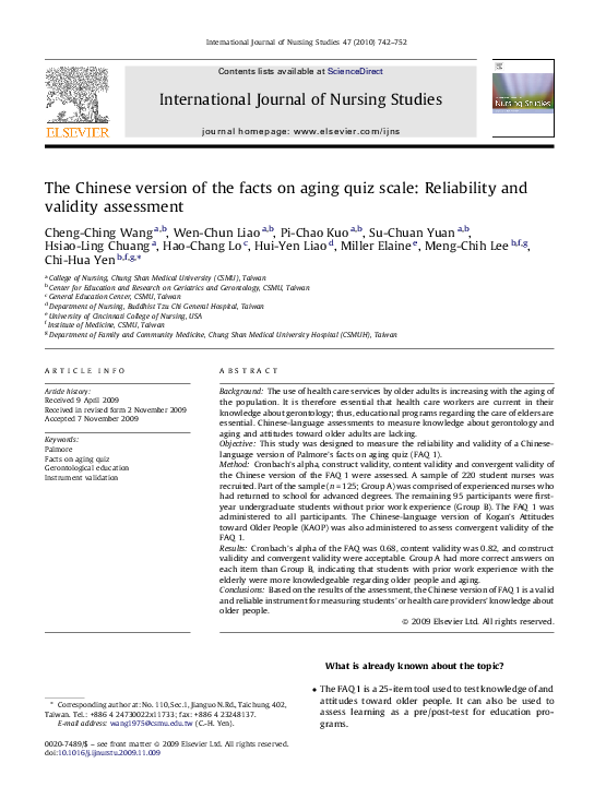 (PDF) The Chinese version of the facts on aging quiz scale: Reliability and validity assessment