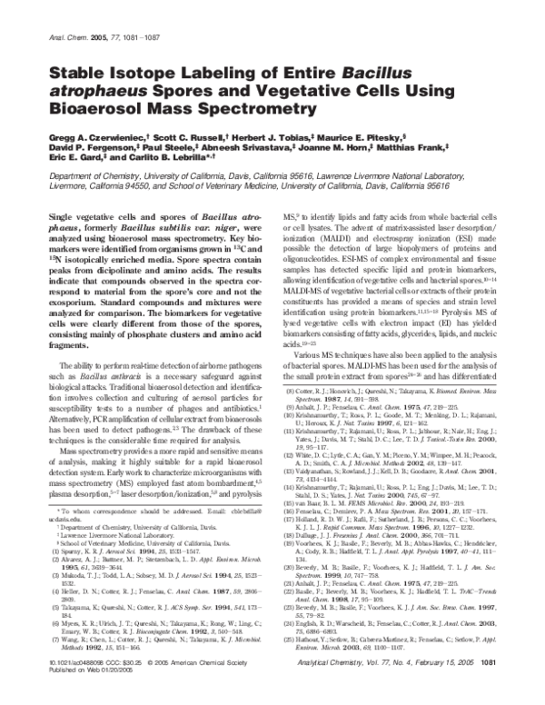 (PDF) Stable Isotope Labeling of Entire Bacillus atrophaeus Spores and Vegetative Cells Using ...