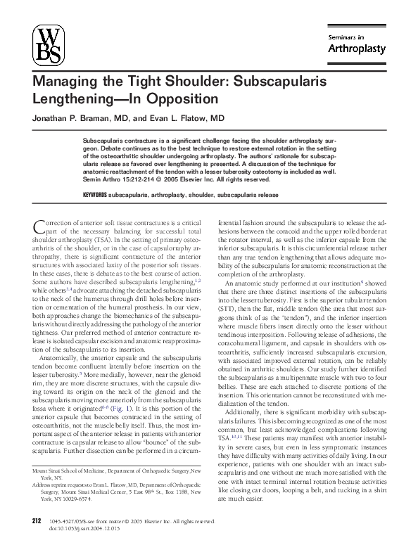 (PDF) Managing the tight shoulder: Subscapularis lengthening—in opposition