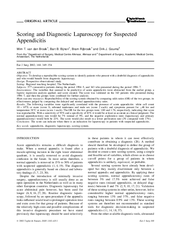 (PDF) Scoring and diagnostic laparoscopy for suspected appendicitis