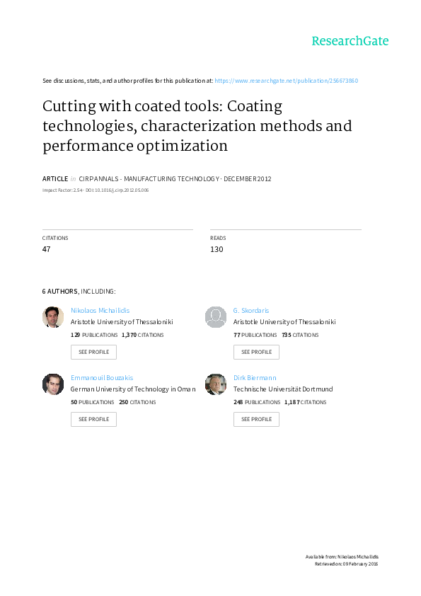 (PDF) Cutting with coated tools: Coating technologies, characterization ...
