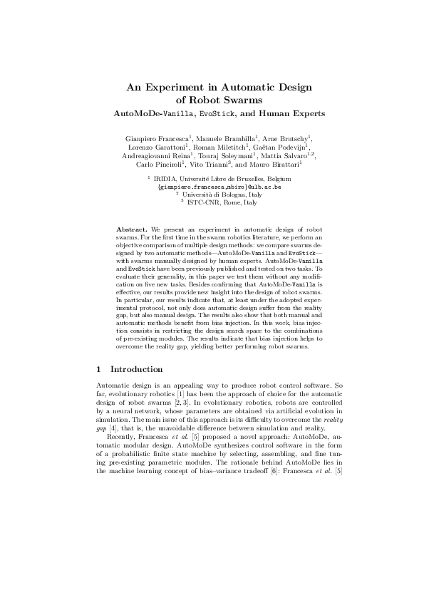 Pdf An Experiment In Automatic Design Of Robot Swarms